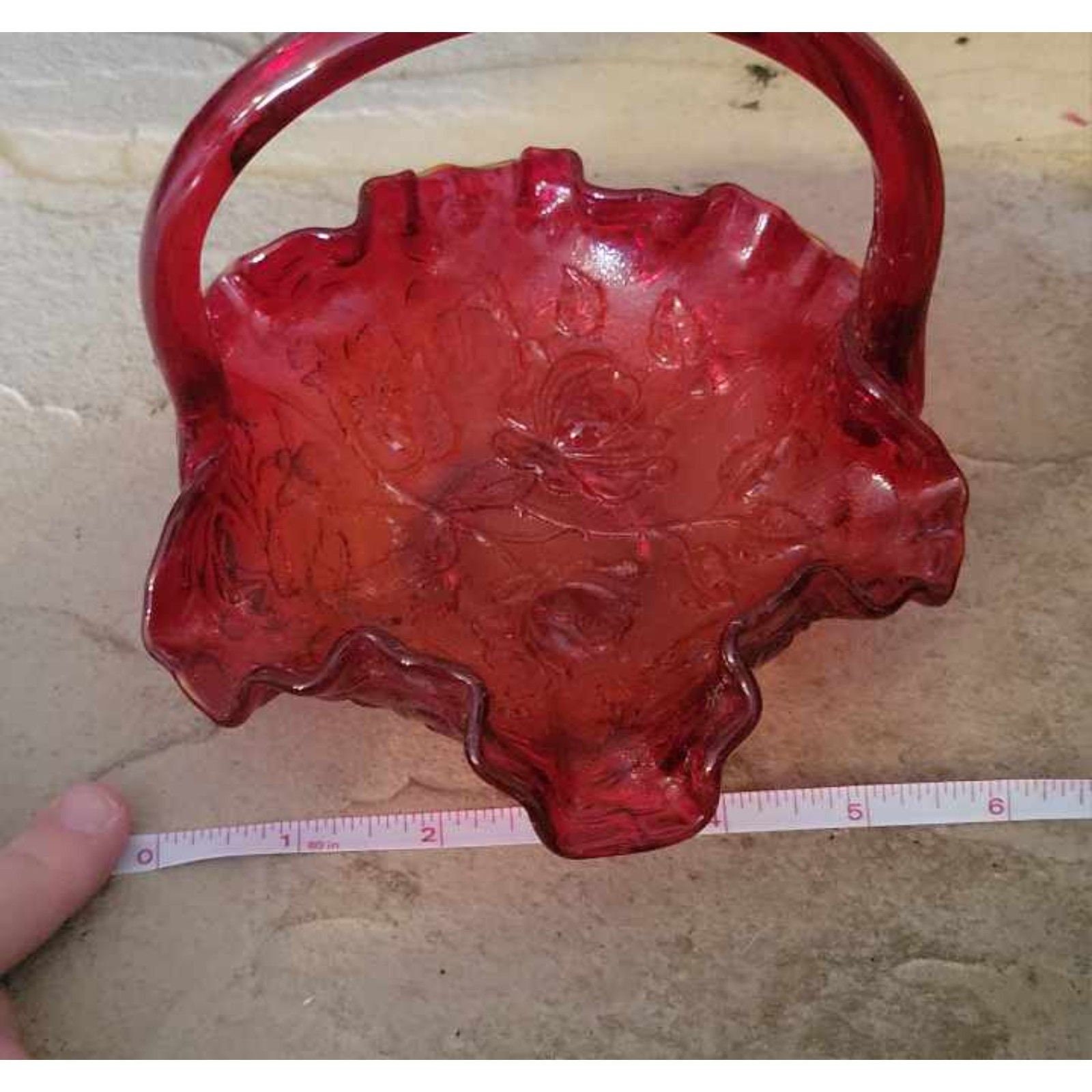 Vintage FENTON Ruby Red Rose Pattern Glass Basket With Fluted Edge 6 - Etsy