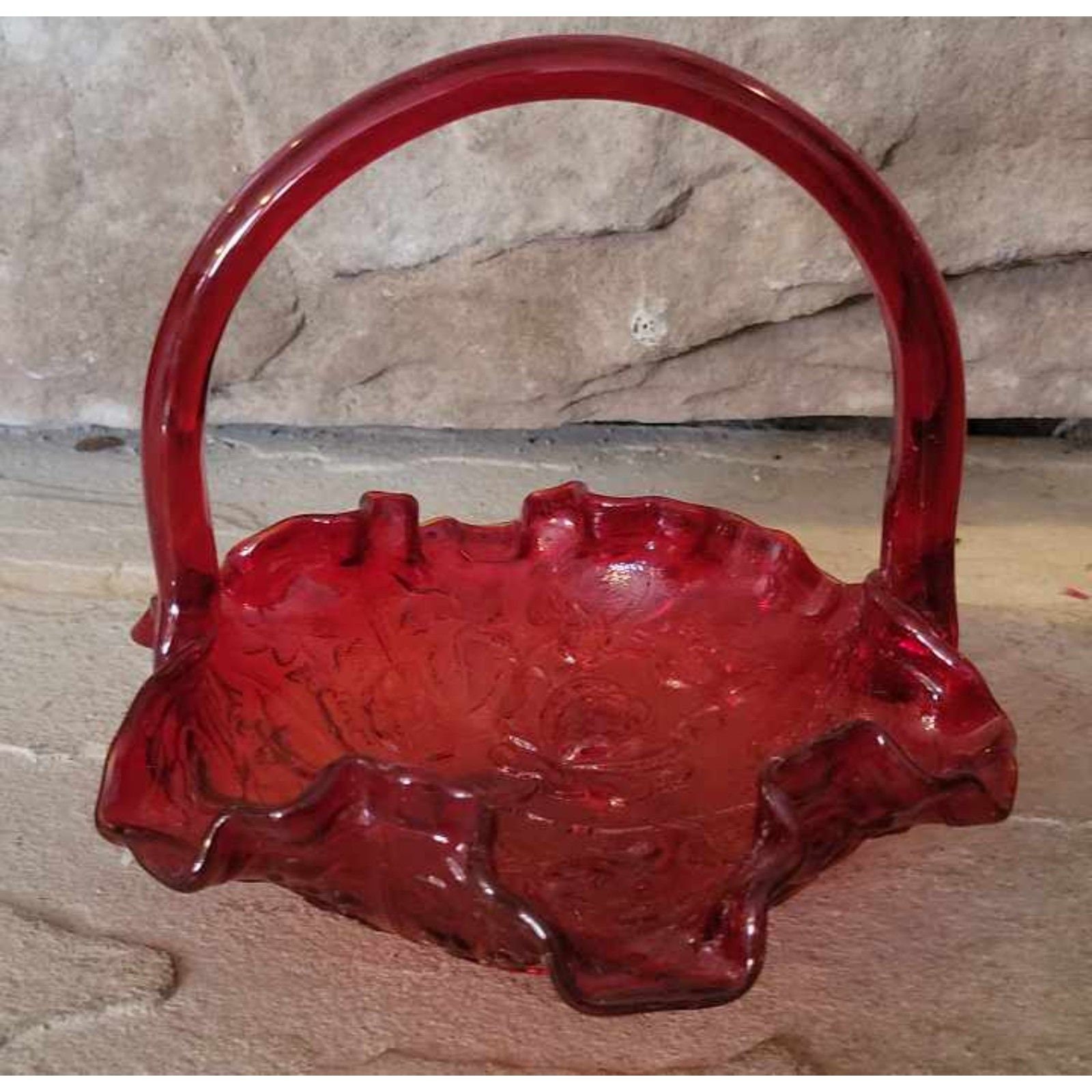 Vintage FENTON Ruby Red Rose Pattern Glass Basket With Fluted Edge 6 - Etsy