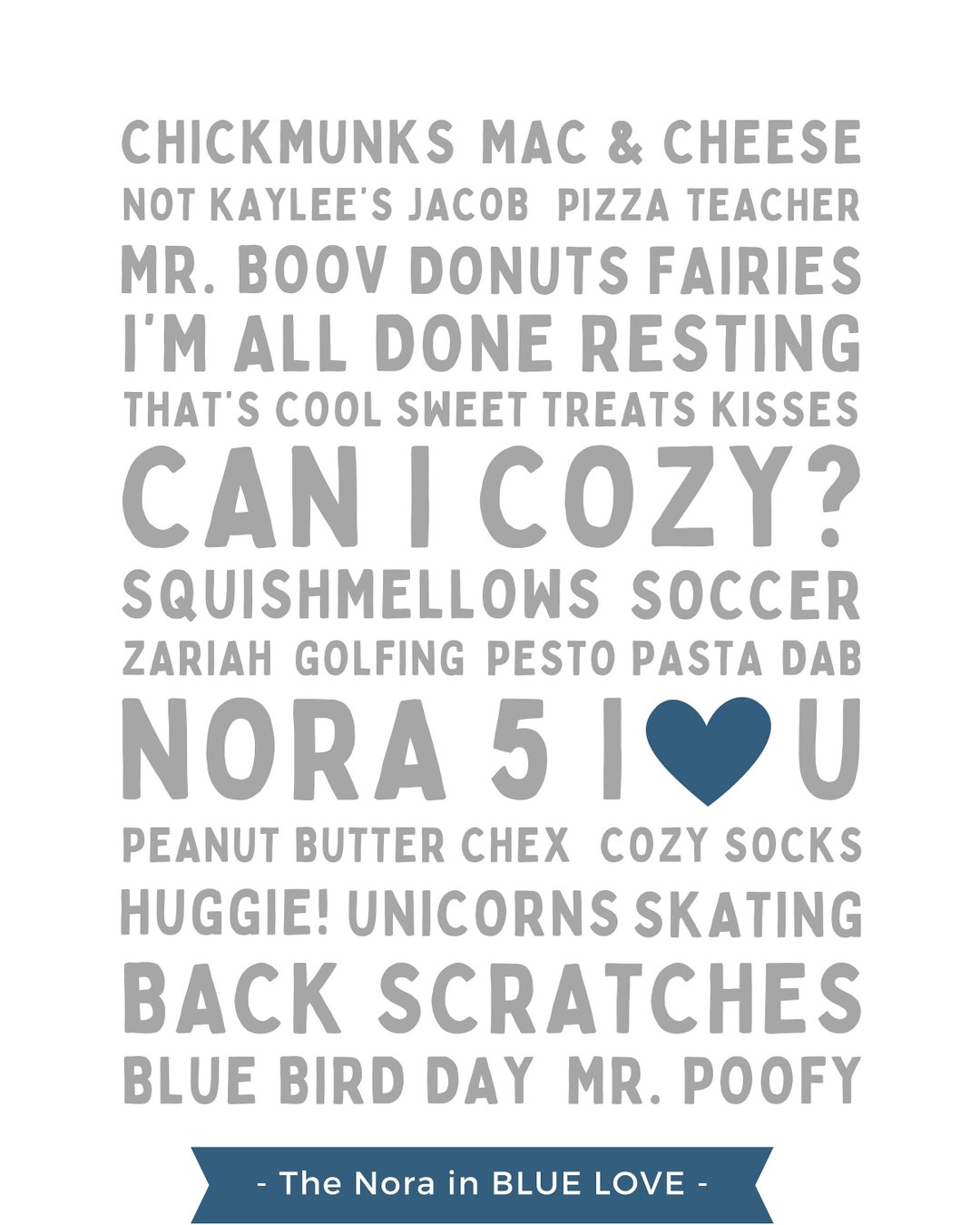 PERSONALIZED Printable Word Art: "the Nora" in BLUE LOVE - Etsy