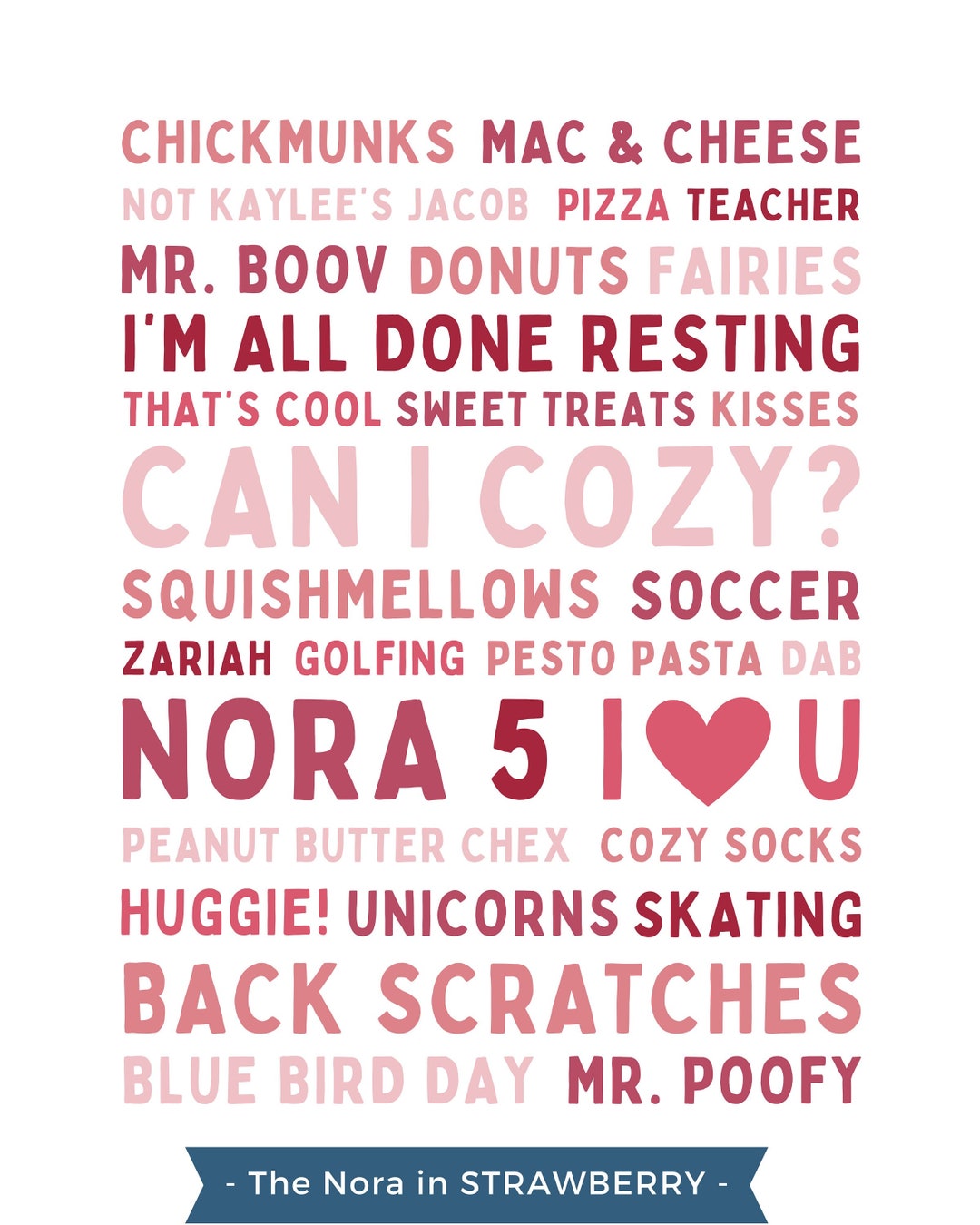 PERSONALIZED Printable Word Art: "the Nora" in STRAWBERRY - Etsy