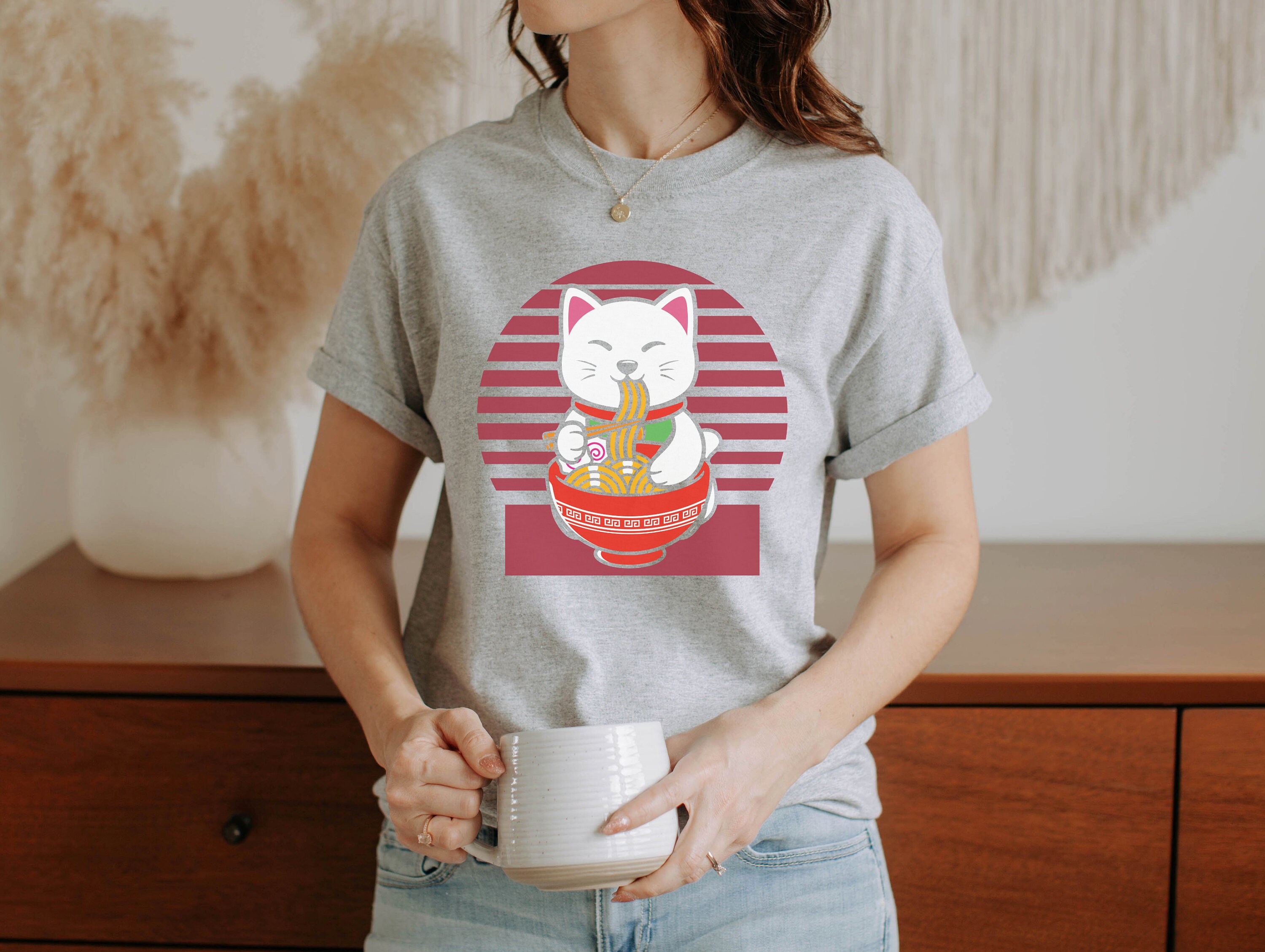 Cute Cat Eating Ramen T-shirt Gift for Anime Lover Kawaii Cat Slurping ...