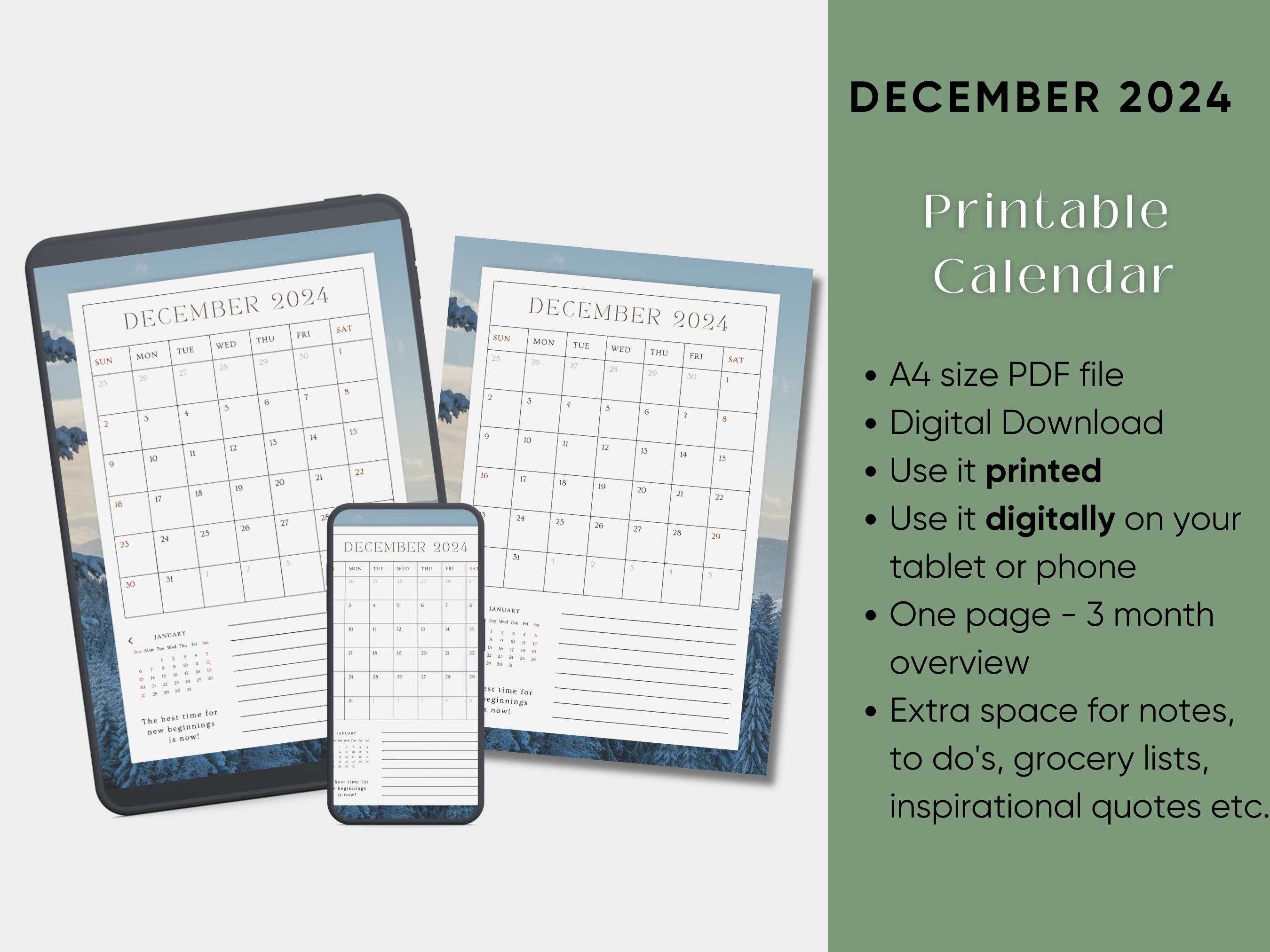 DECEMBER Calendar 2024 Fillable Use Digital or Printed - Etsy Canada