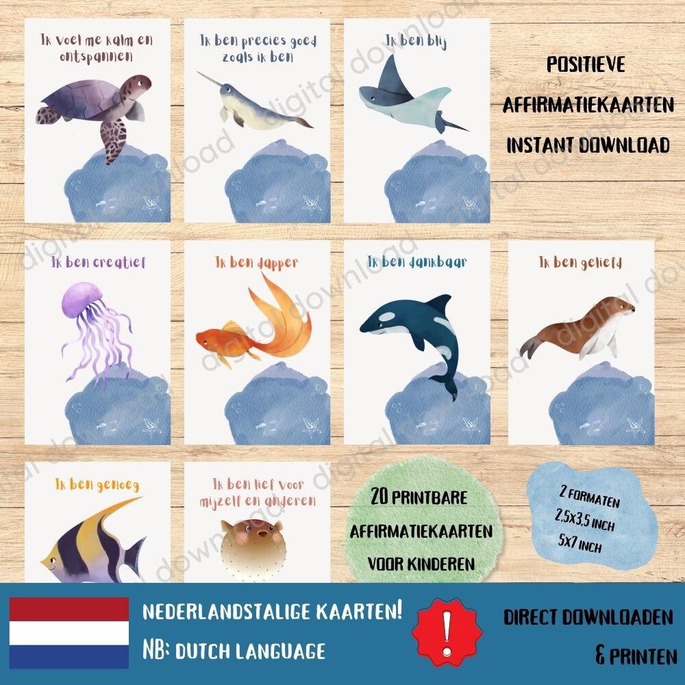 DUTCH Printable Affirmation Cards for Kids With Ocean Animals - Etsy