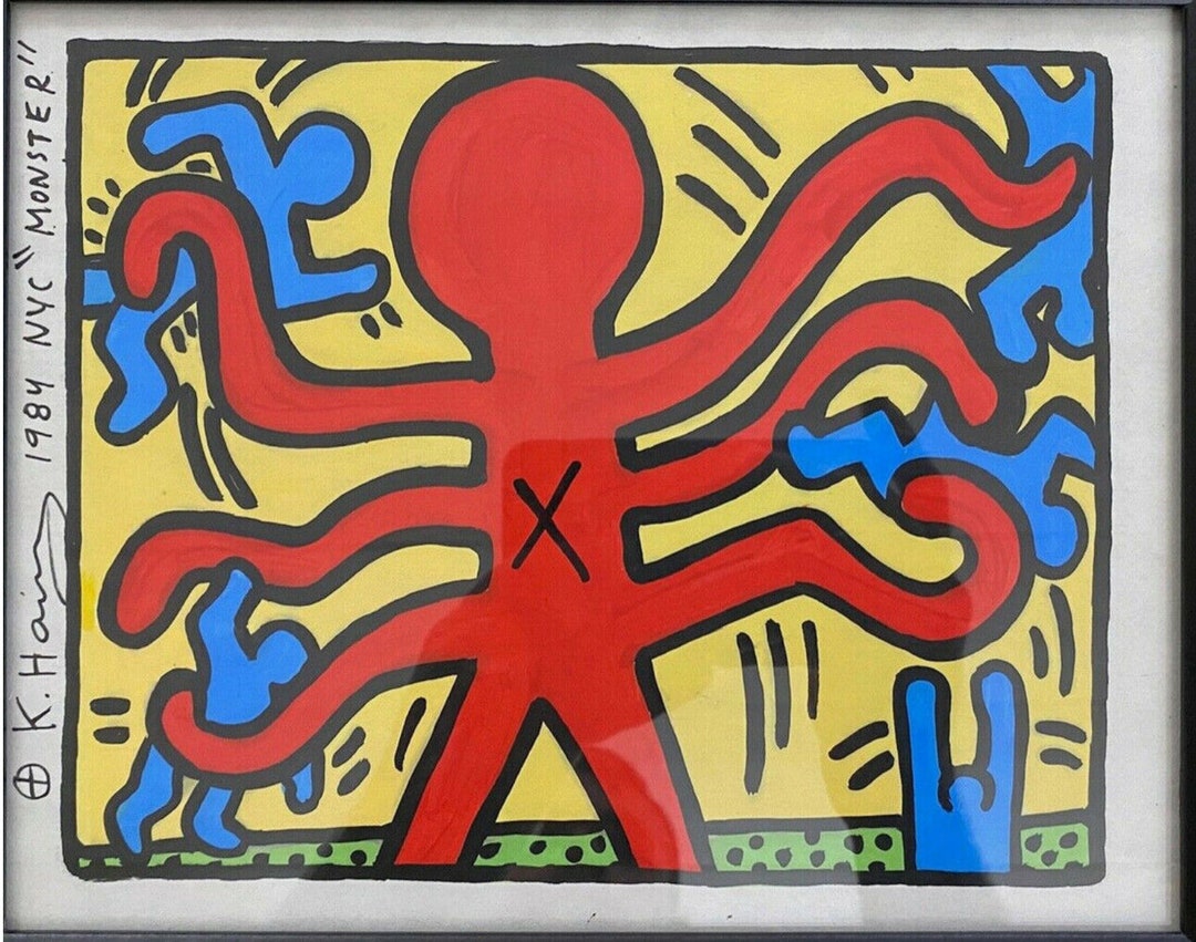 KEITH HARING Original Signed Acrylic on Paper Painting monster Framed ...