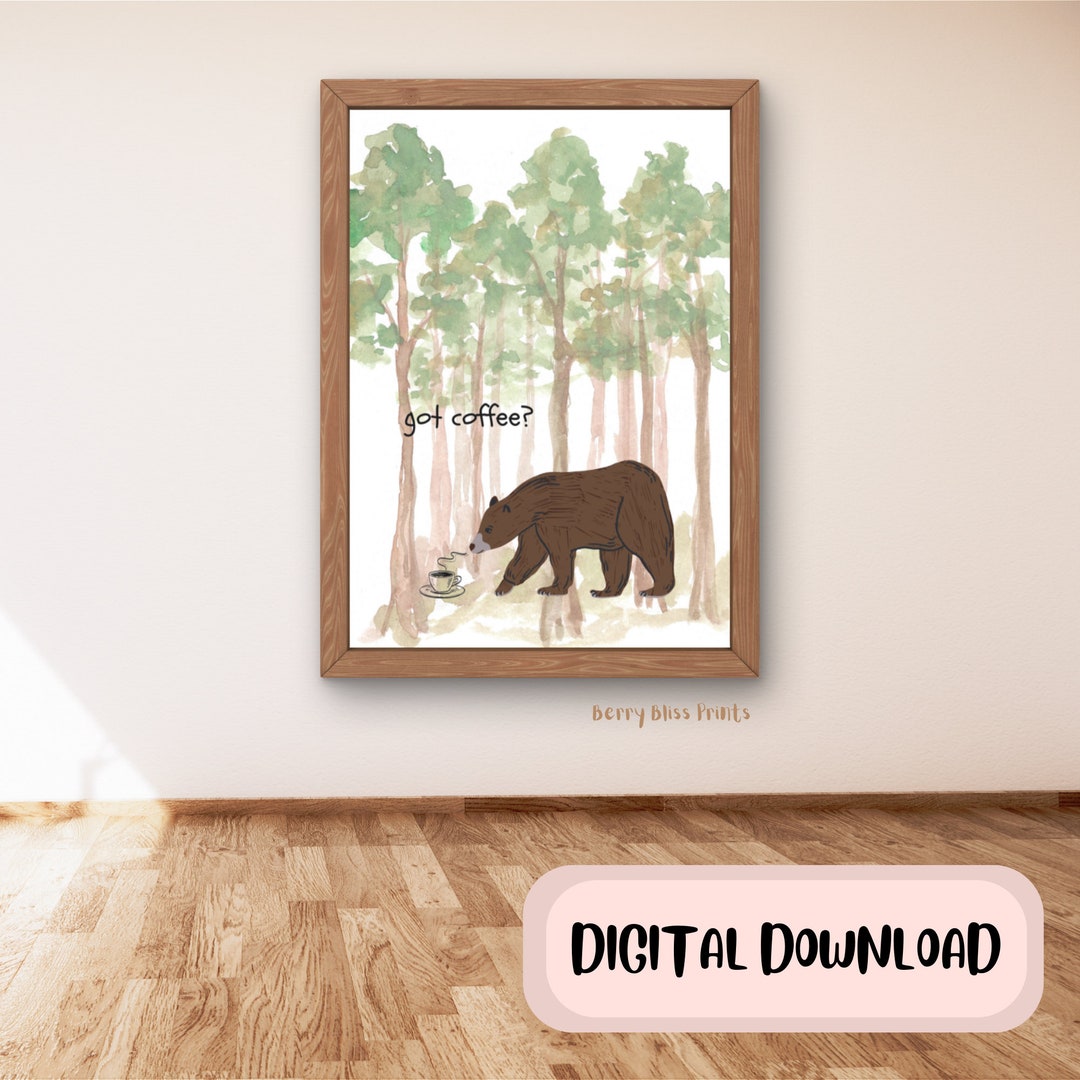 Bear in Wild Coffee Bar Printable Wall Art, Bear With Coffee Art ...