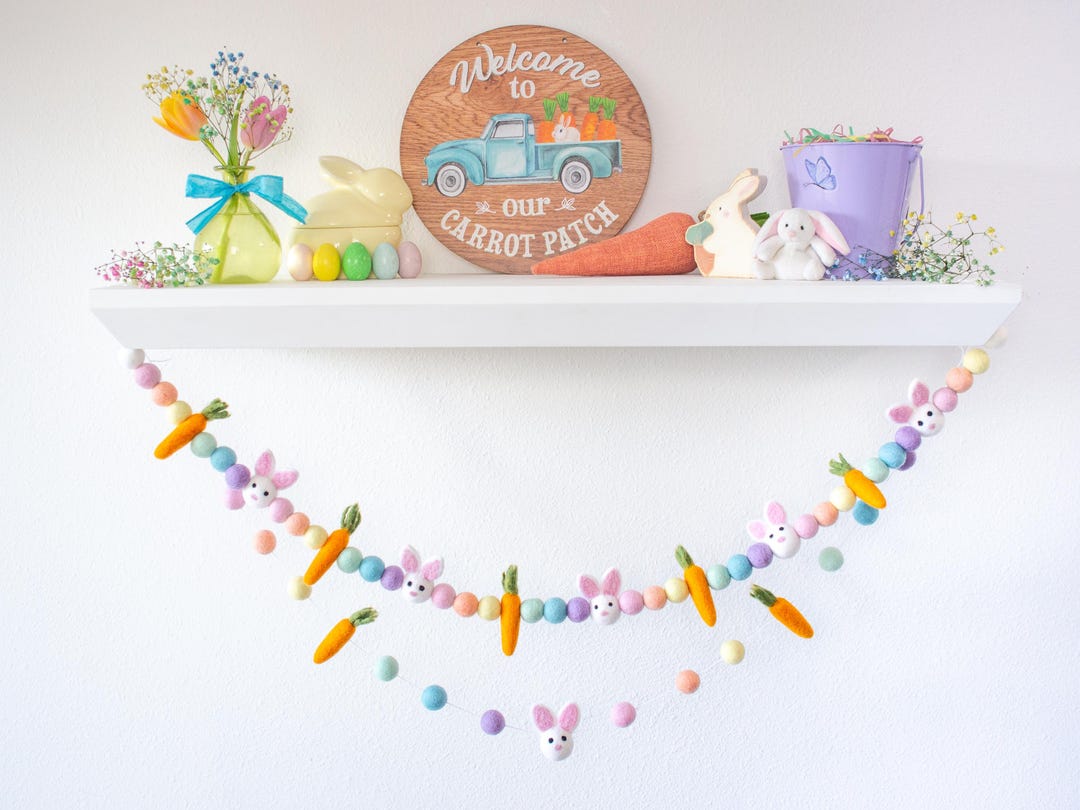 Felt Easter Garland With Bunnies, Carrots & Pastel Colored Felt Balls ...