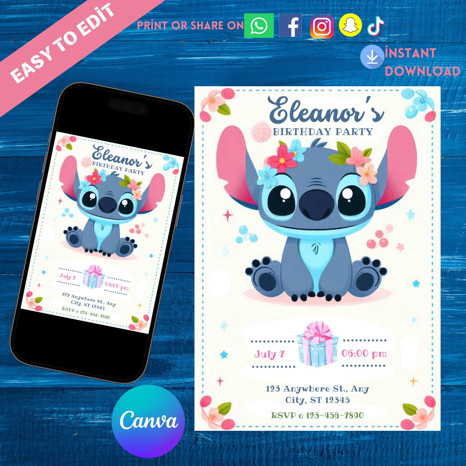 Stitch Editable Birthday Invitation Template,printable Birthday ...