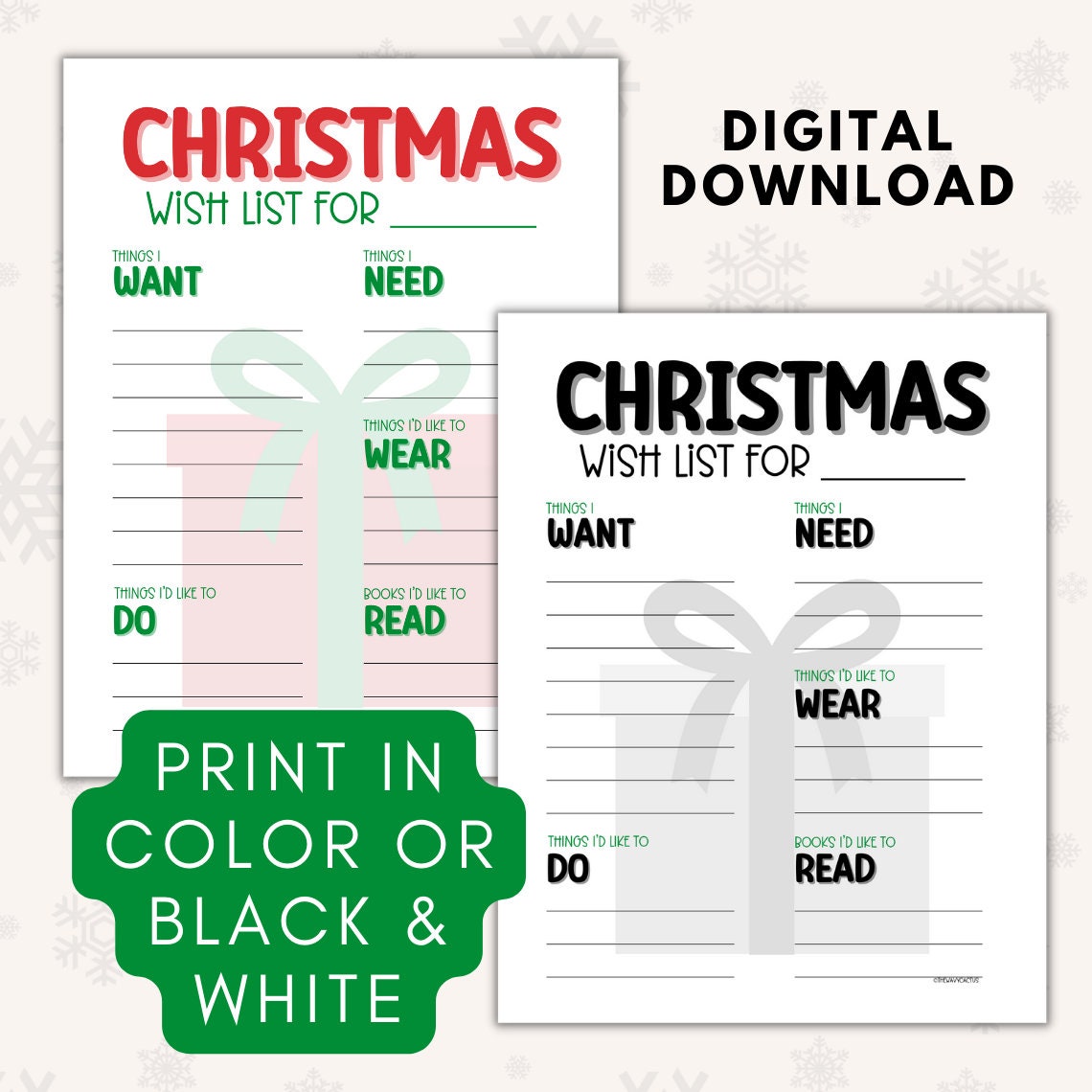 Christmas Wish List Printable, 5 Gift Rule, Want Need Wear Read Do ...