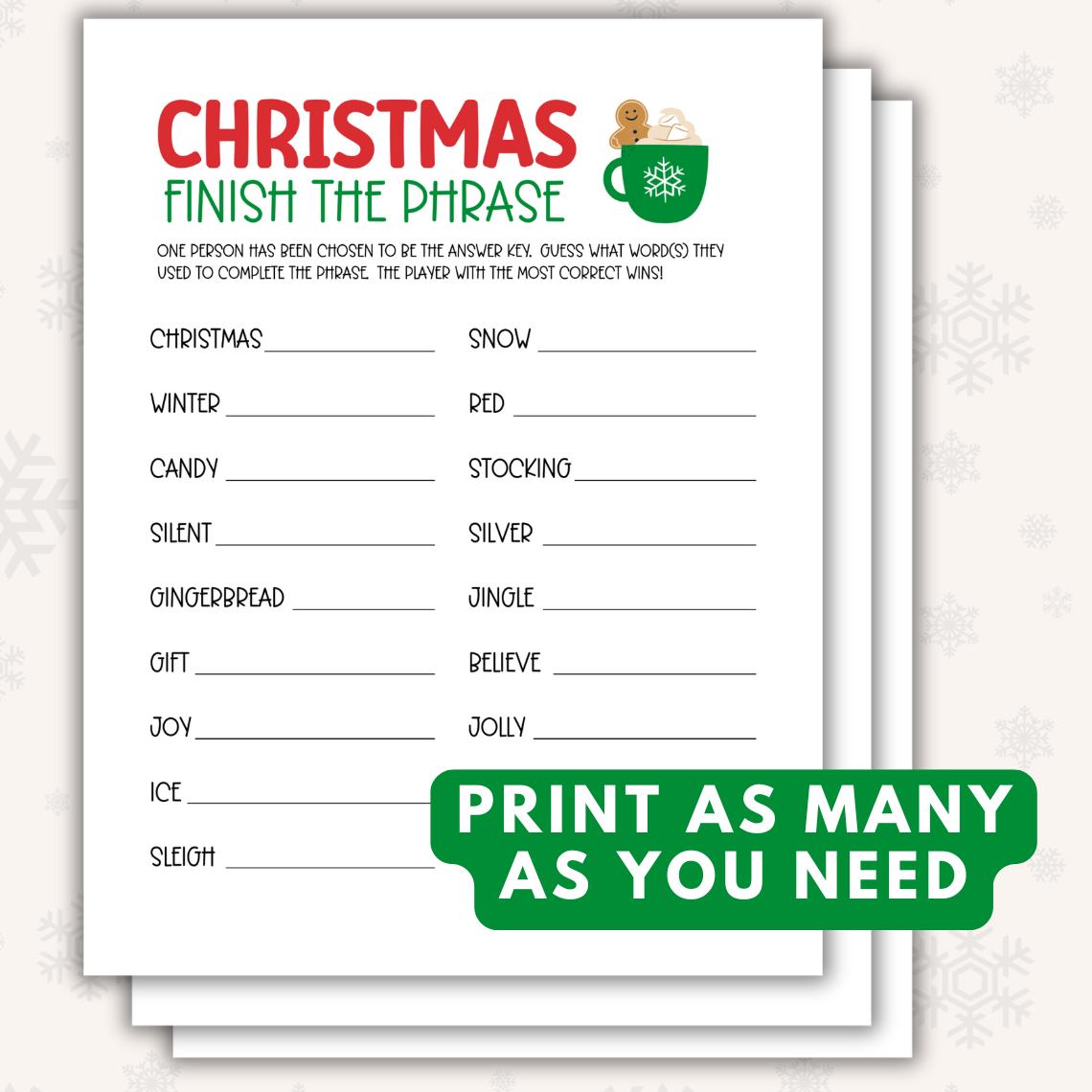 Christmas Finish My Phrase Game Printable, Office Party Game, Fun Large ...