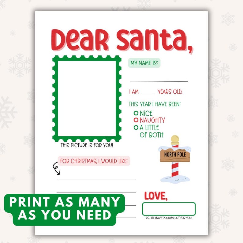 Letter to Santa Printable, Cute Dear Santa Letter Instant Download ...