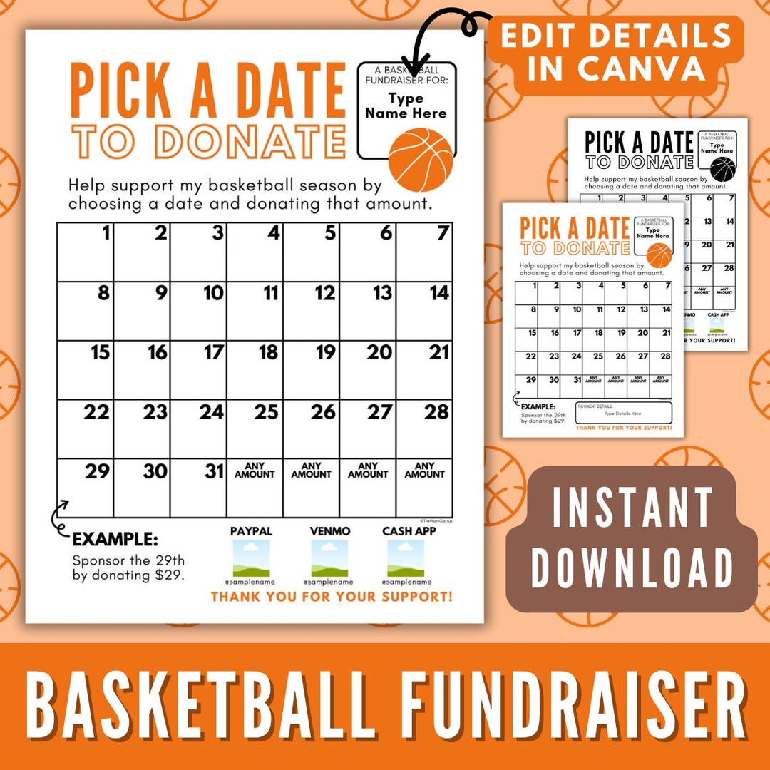 Basketball Pick a Date to Donate Fundraiser, Pay the Date Calendar ...