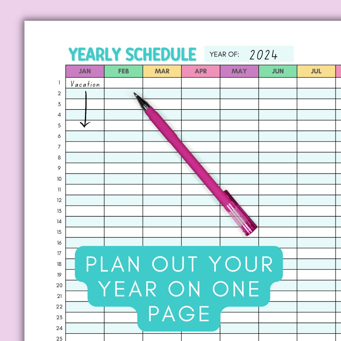 2024 Year Planner Printable, Yearly Schedule on 1 Page Landscape ...