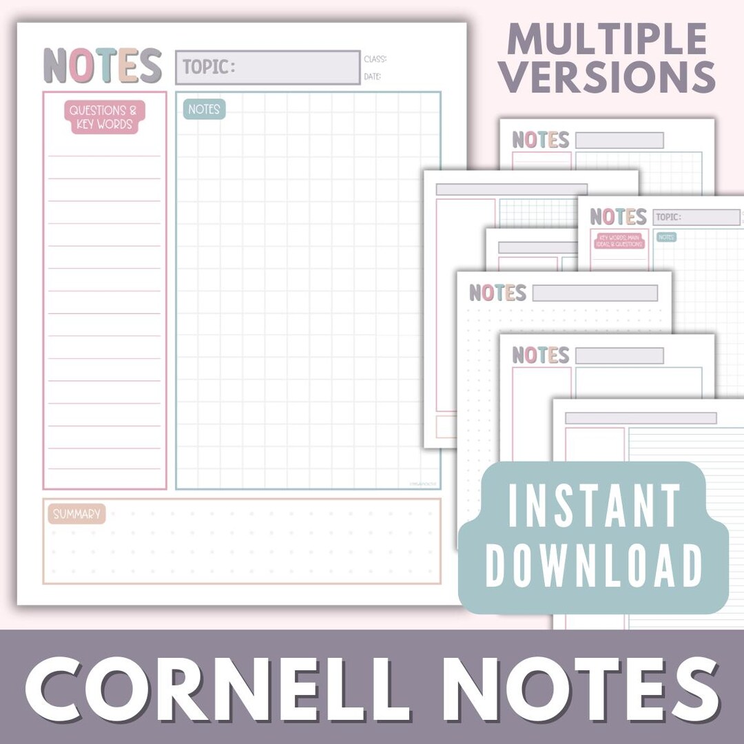 Cute Cornell Notes Paper Printable, Colorful Note Pages Template, Lined ...
