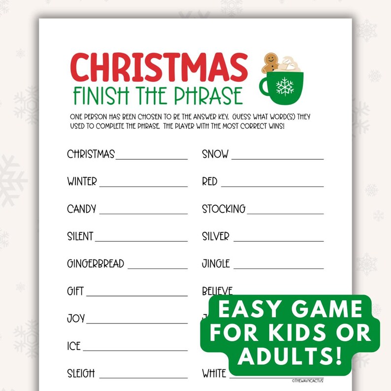 Christmas Finish My Phrase Game Printable, Office Party Game, Fun Large ...