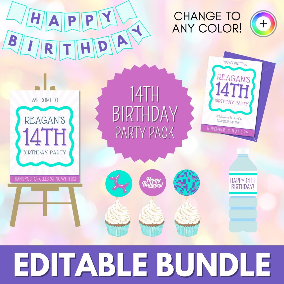14th Birthday Party Decorations, Editable 14th Birthday Printable ...