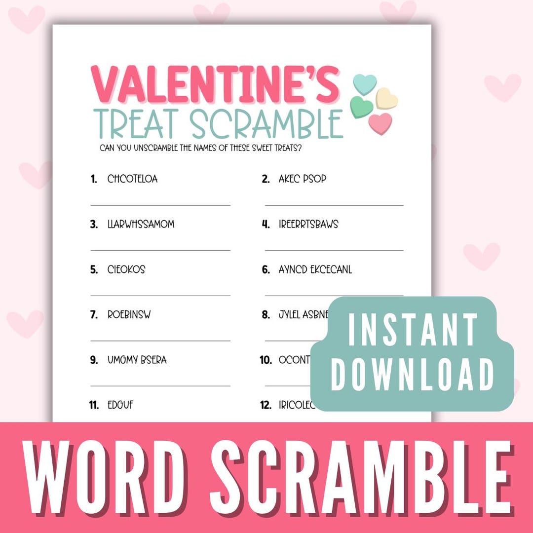 Valentine's Day Group Game Printable, Valentine Word Scramble Large ...