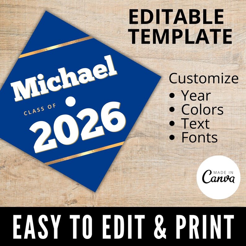Editable Graduation Cap Topper Canva Template – Printable, Custom Name ...