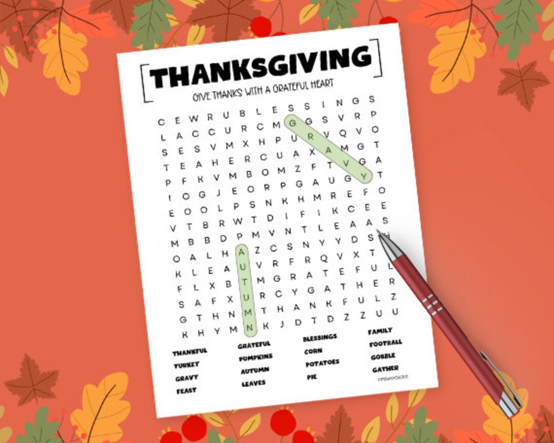 Thanksgiving Wordsearch | Fall Wordsearch for Kids/youth/adults ...