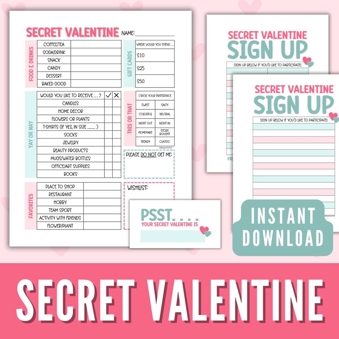 Secret Valentine Printable Bundle, Secret Valentine Questionnaire for ...