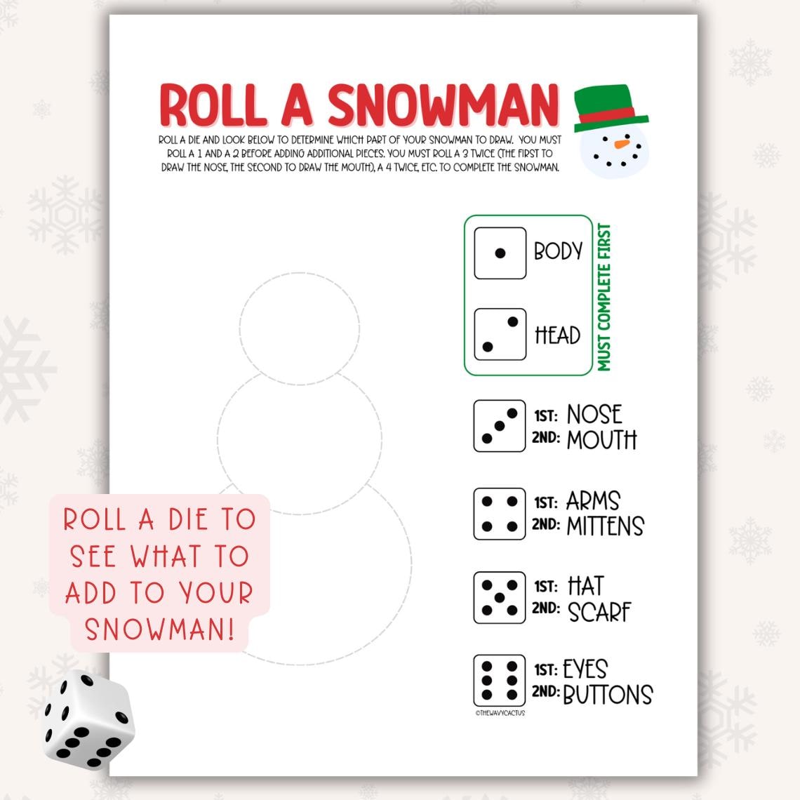 Roll a Snowman Game Printable, Classroom Christmas Party Activity, Fun ...