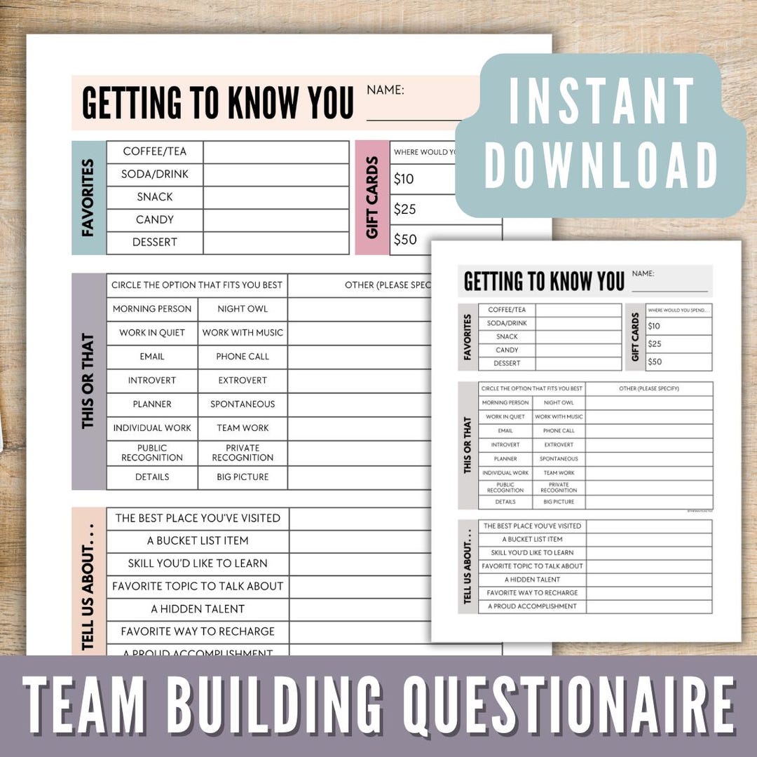 Team Building Get to Know Your Staff Questionnaire Printable, Coworker Employee Survey, Office ...