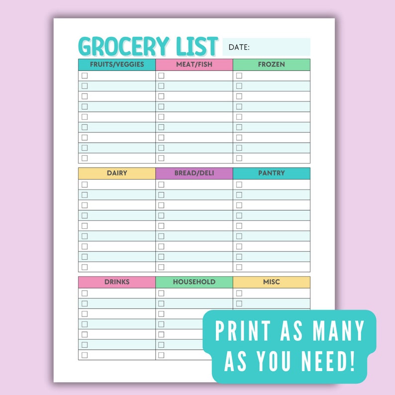 Grocery List Printable Template, Grocery Planner, Food Shopping List ...