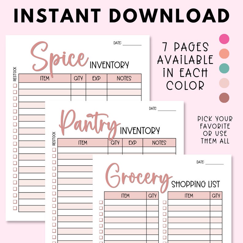 Kitchen Inventory Planner Printable Grocery Shopping List Organizer ...