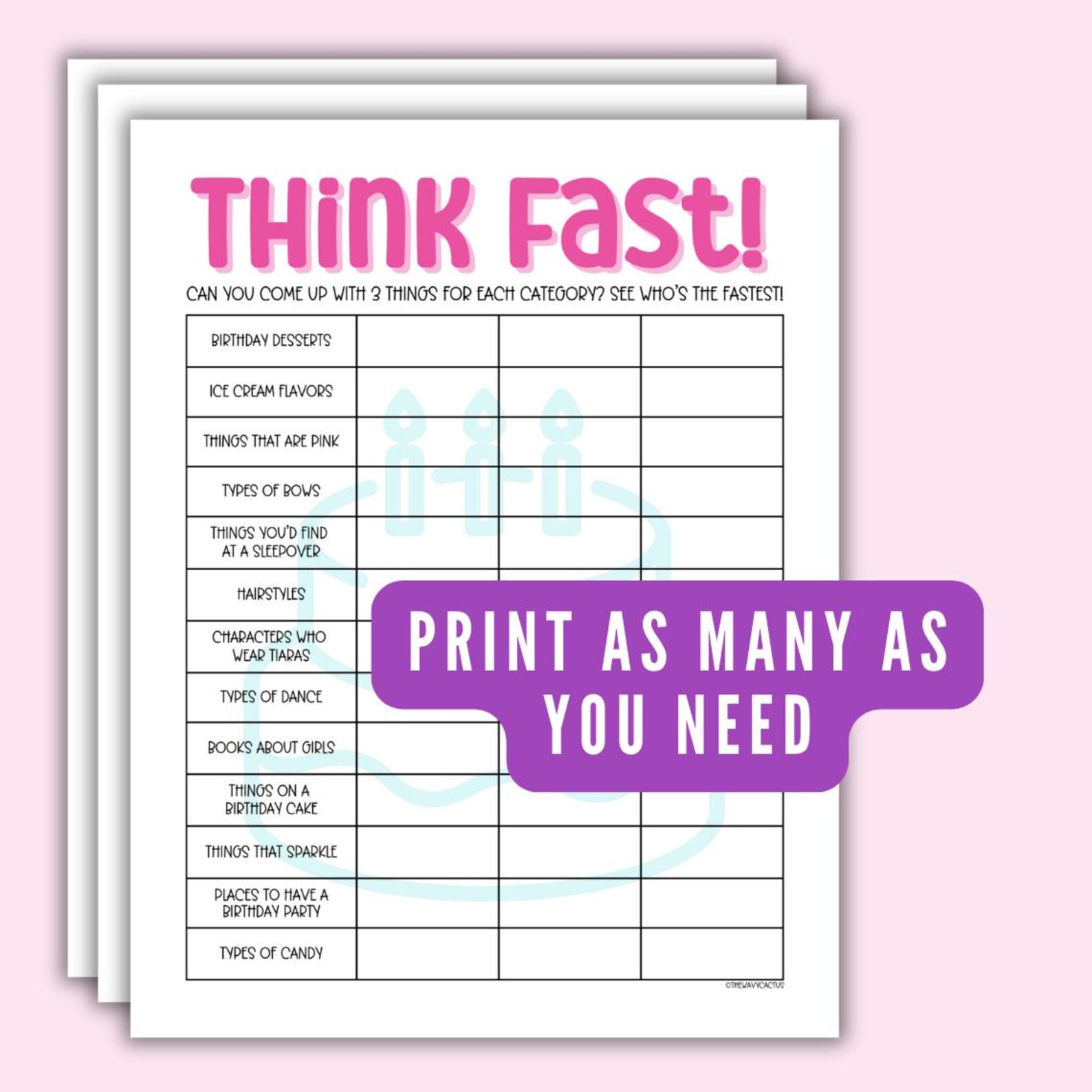 Printable Birthday Party Game for Girls, Fun Birthday Party Game, Think ...