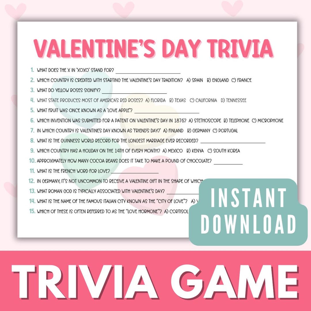 Valentine's Day Trivia Game Printable, Valentine Large Group Party Game ...
