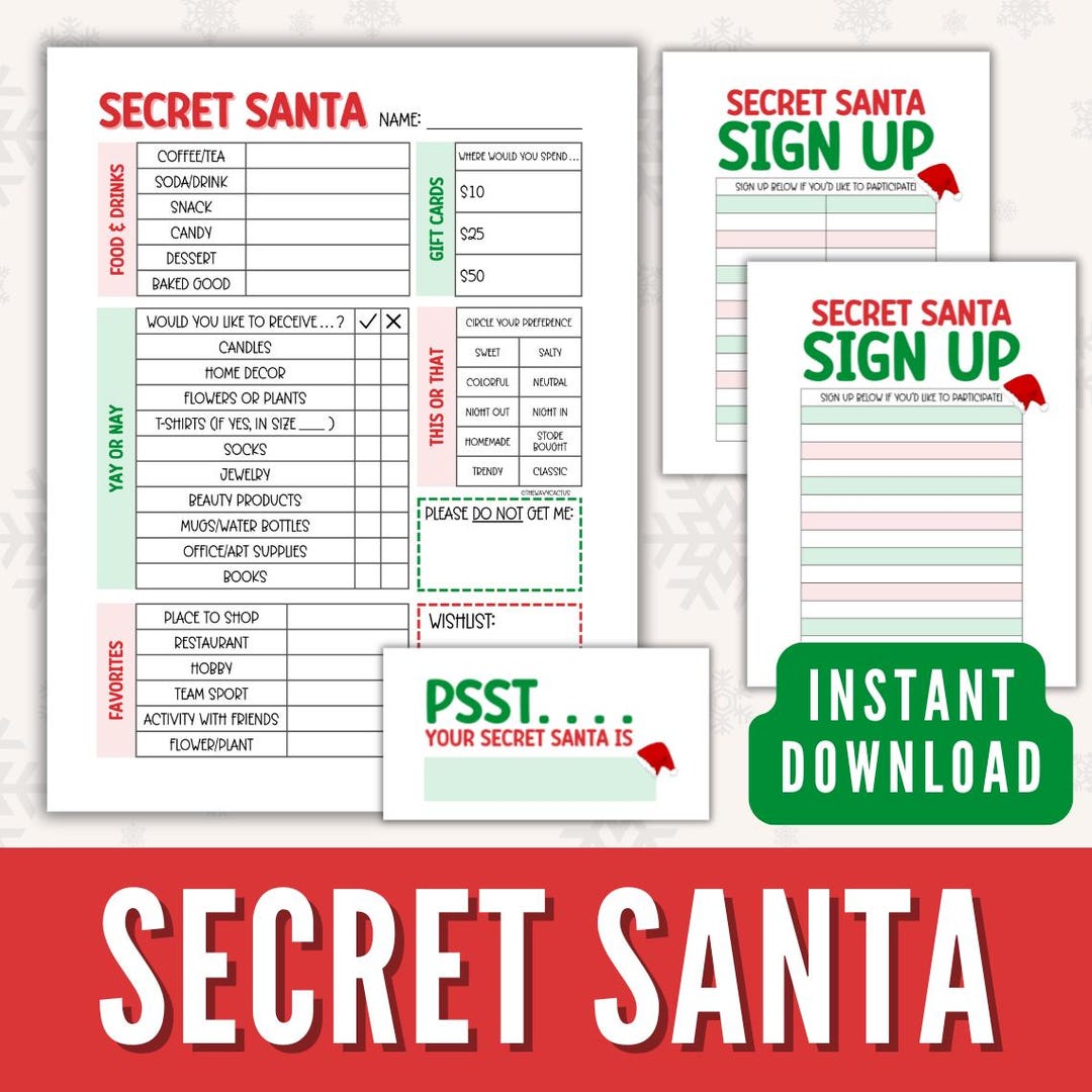 Secret Santa Printable Bundle, Secret Santa Questionnaire for Holiday ...