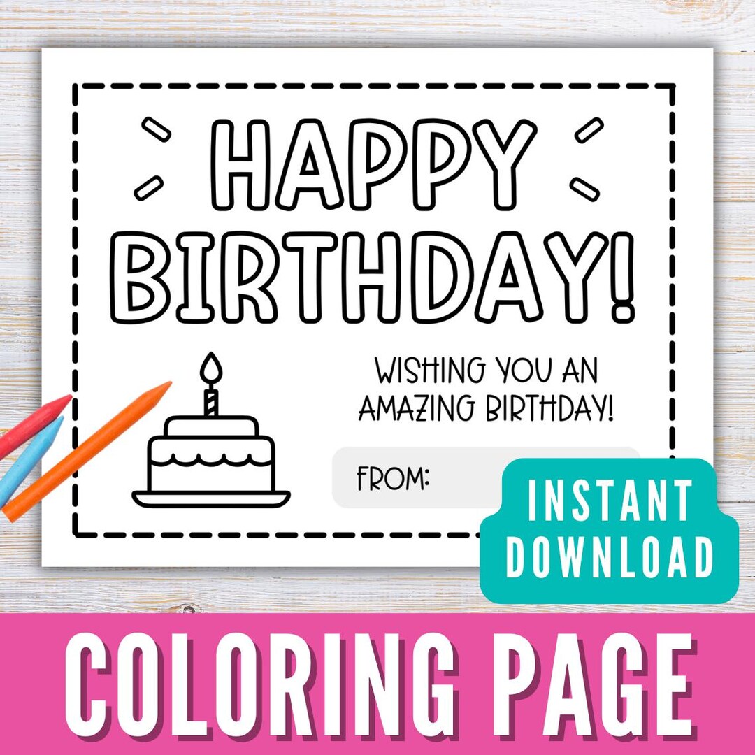 Happy Birthday Coloring Page Printable, Cute Coloring Birthday Card for ...