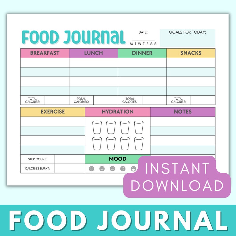 Daily Food Journal Printable, Daily Food Planner, Daily Food Diary Meal ...