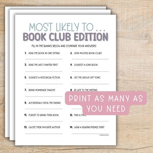 Book Club Game Printable, Most Likely to Book Club Fun Activity, Book ...