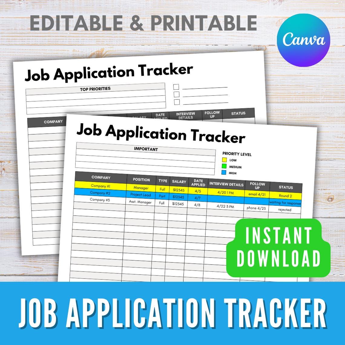 Job Application Tracker, Printable and Editable Tracker, Job ...