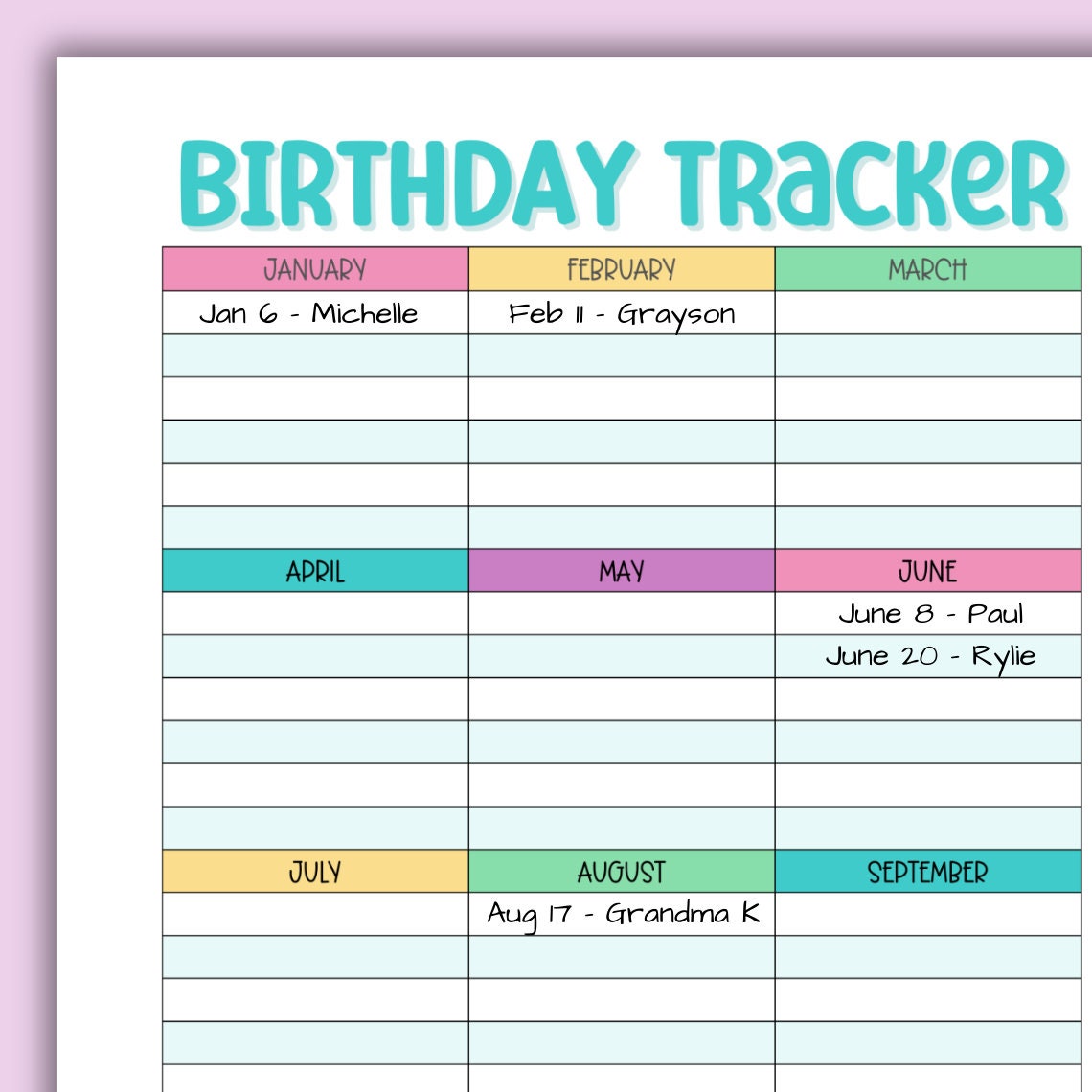 Birthday Tracker Printable, Birthday Calendar Log, Birthday Reminder ...