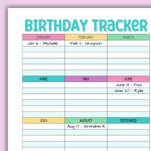 Birthday Tracker Printable, Birthday Calendar Log, Birthday Reminder ...