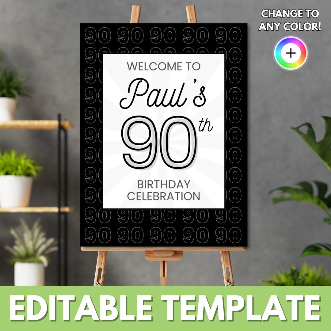 90th Birthday Welcome Sign Template, Editable Poster Template, Editable ...