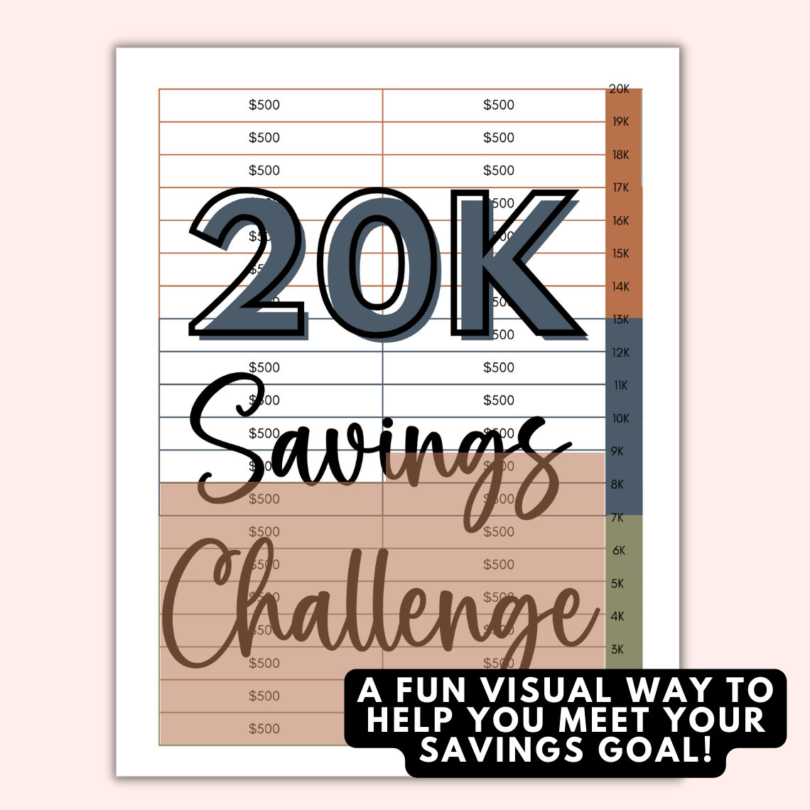 20K Savings Challenge Tracker | 20,000 Money Savings Printable | Saving ...