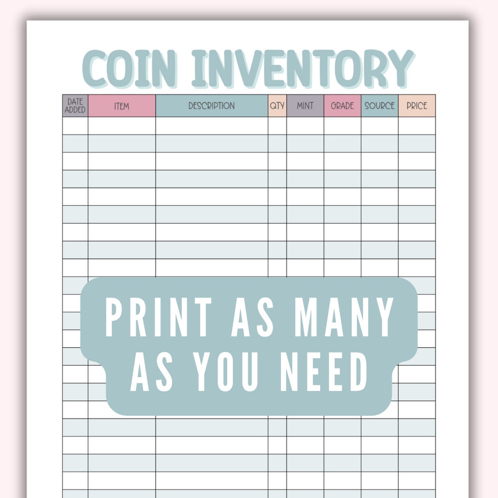 Coin Inventory Log Printable, Coin Collection Tracker, Collectible Coin ...