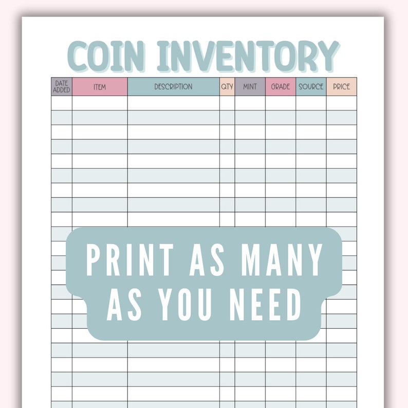 Coin Inventory Log Printable, Coin Collection Tracker, Collectible Coin ...
