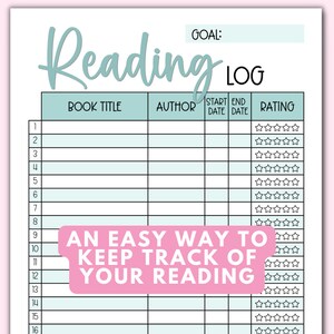 Reading Log Printable for Adults or Kids | Reading List Book Tracker ...