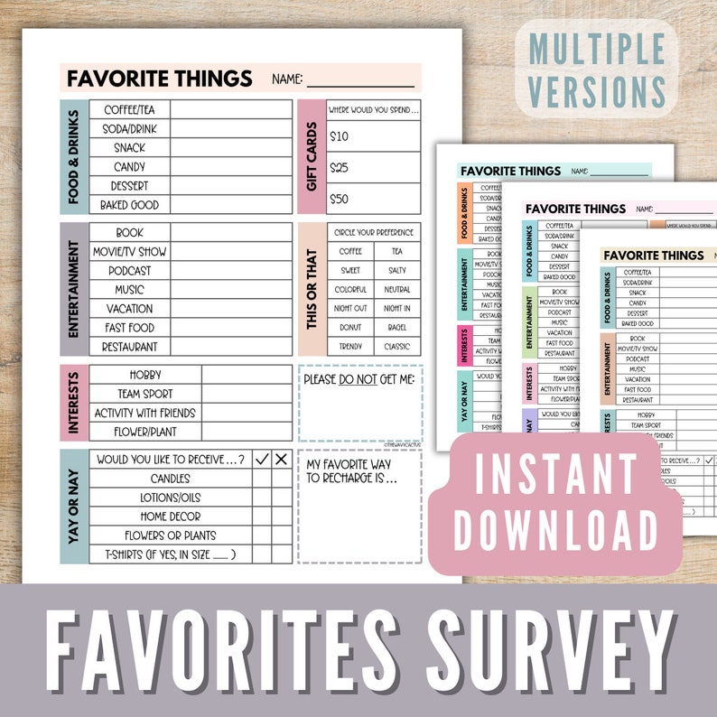 Favorite Things Survey Printable, Coworker Questions, All About Me ...