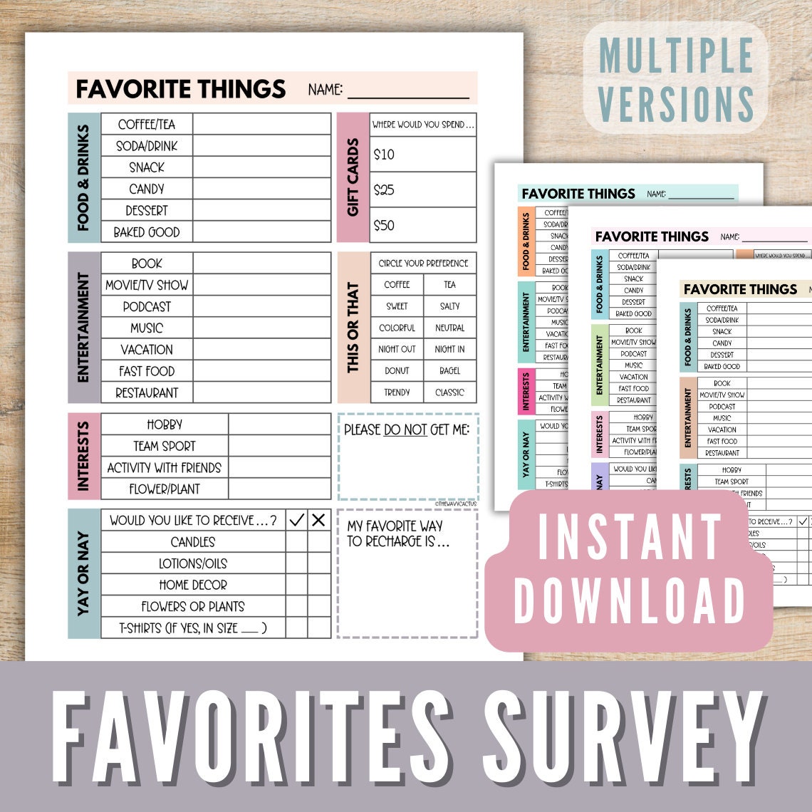 Favorite Things Survey Printable, Coworker Questions, All About Me ...
