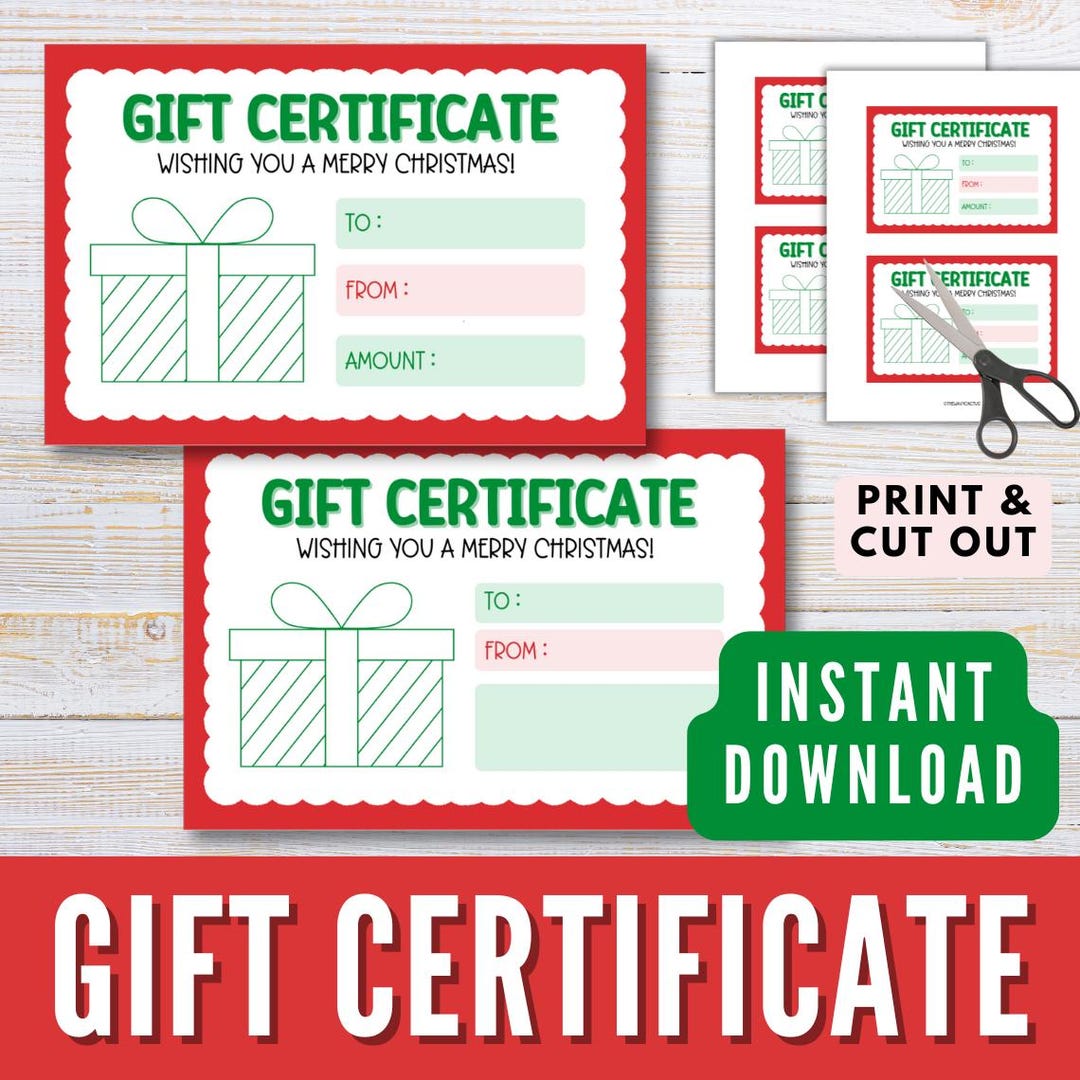 Christmas Gift Certificate Template, DIY Holiday Printable Gift Voucher ...