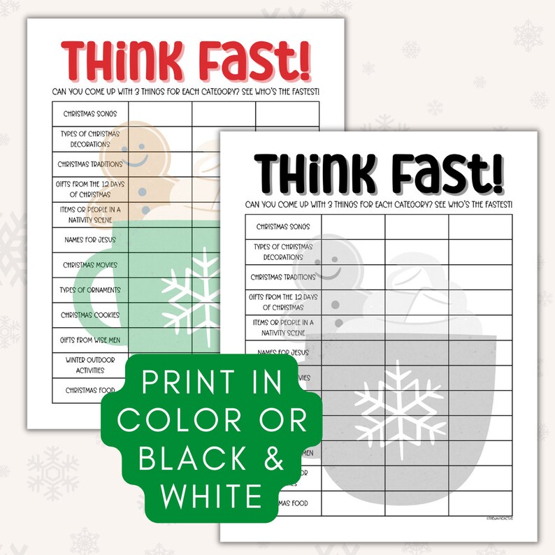 Christmas Party Game Printable | Think Fast Christmas Category Race ...