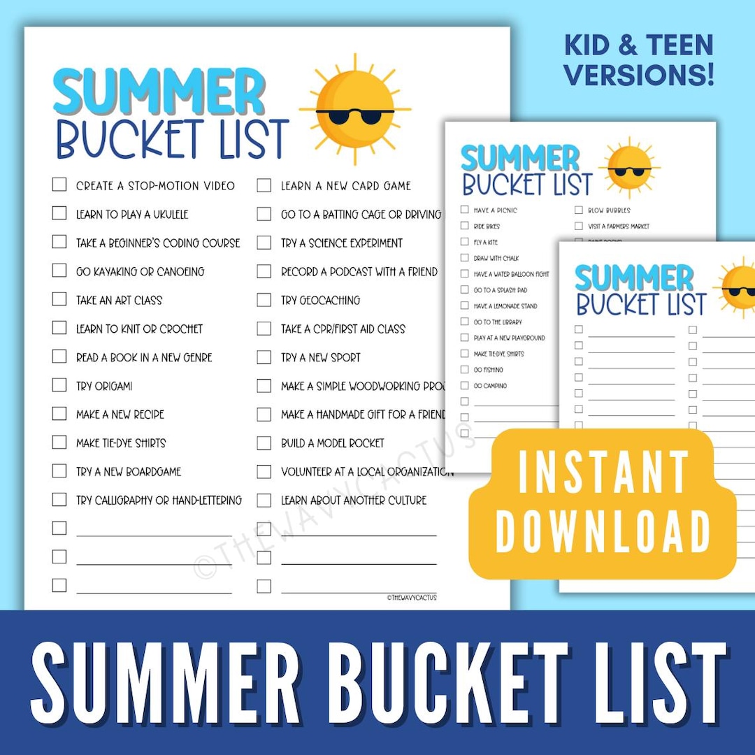 Printable Summer Bucket List for Kids & Teens, Multiple Versions for ...