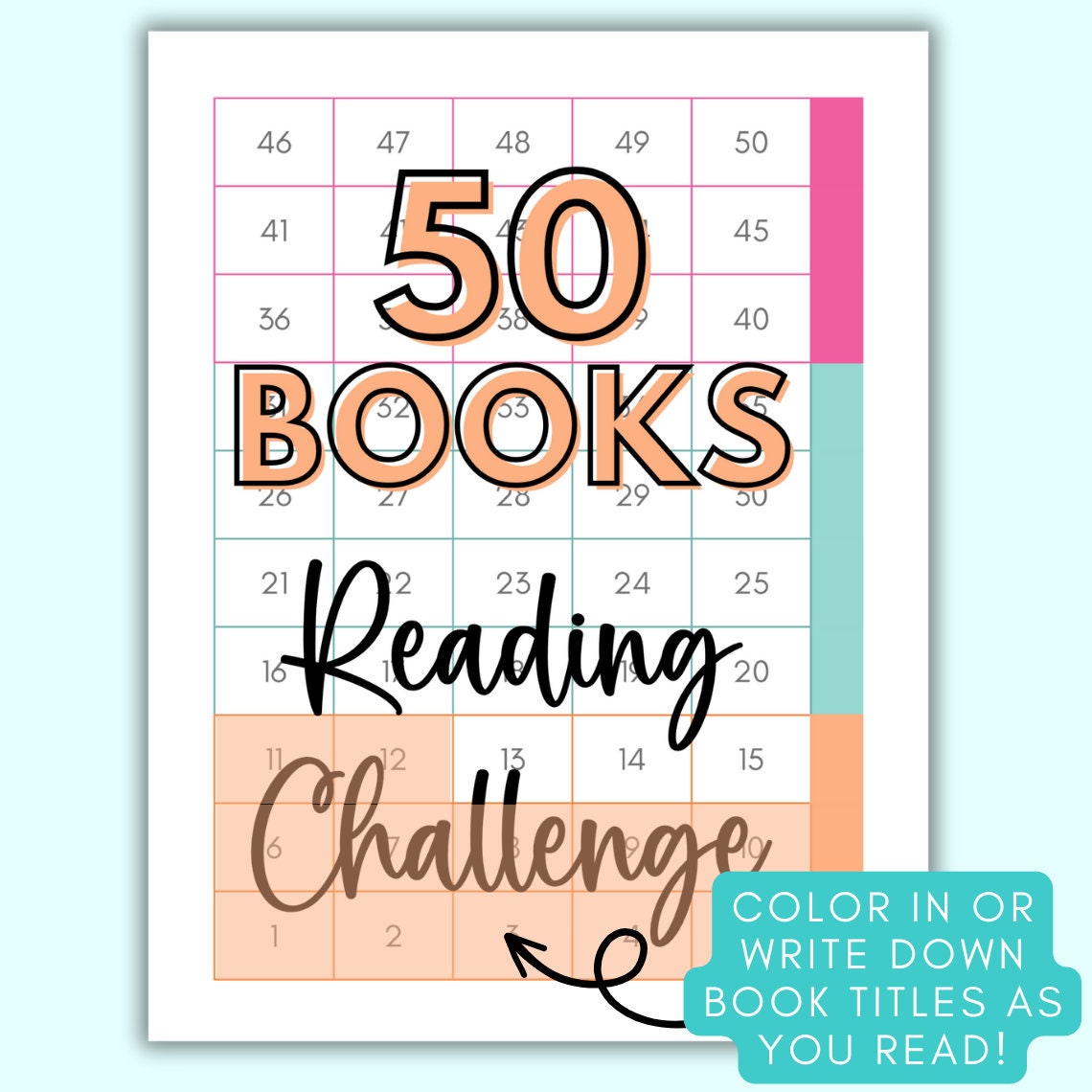 50 Books Reading Challenge Printable Tracker, Reading Tracker, Reading ...