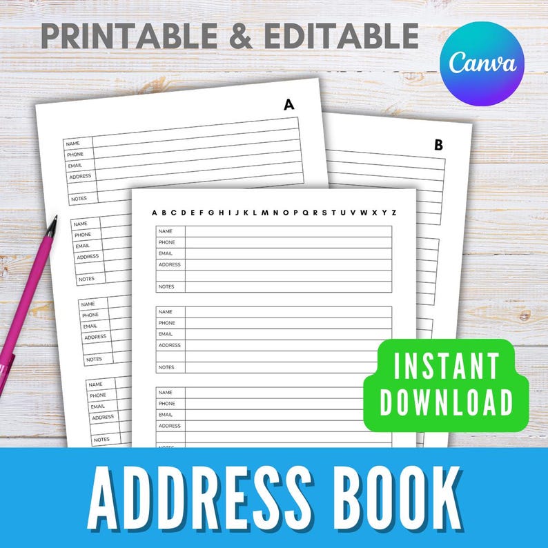 Printable Address Book PDF & Editable Canva Templates, Contact List ...