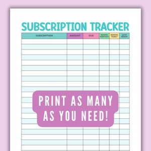 Subscription Tracker Printable, Colorful Subscription Log, Membership ...