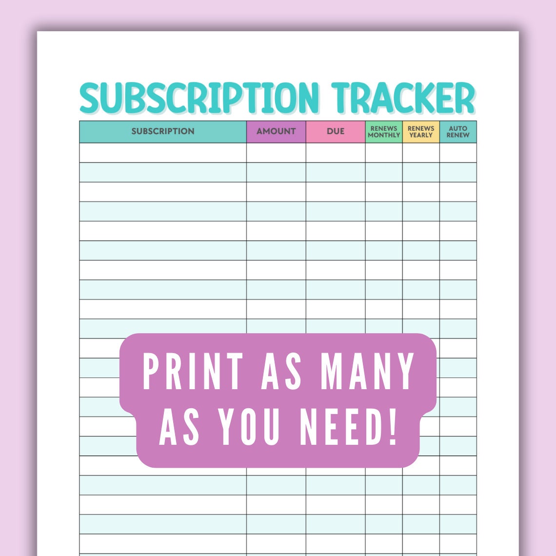 Subscription Tracker Printable, Colorful Subscription Log, Membership ...